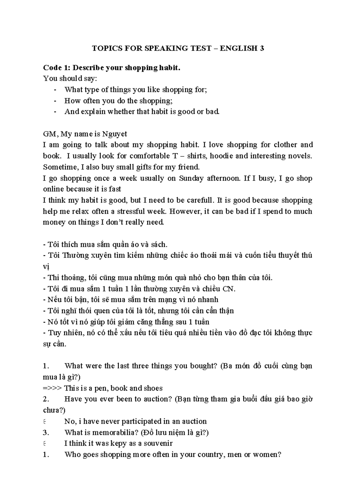 English 3 Speaking Test Topics: Shopping Habits & Favorite Brands - Studocu