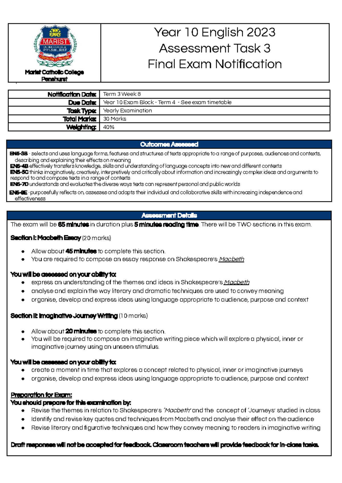 Year 10 English 2023 Final Exam Notification - Assessment Task 3 - Studocu