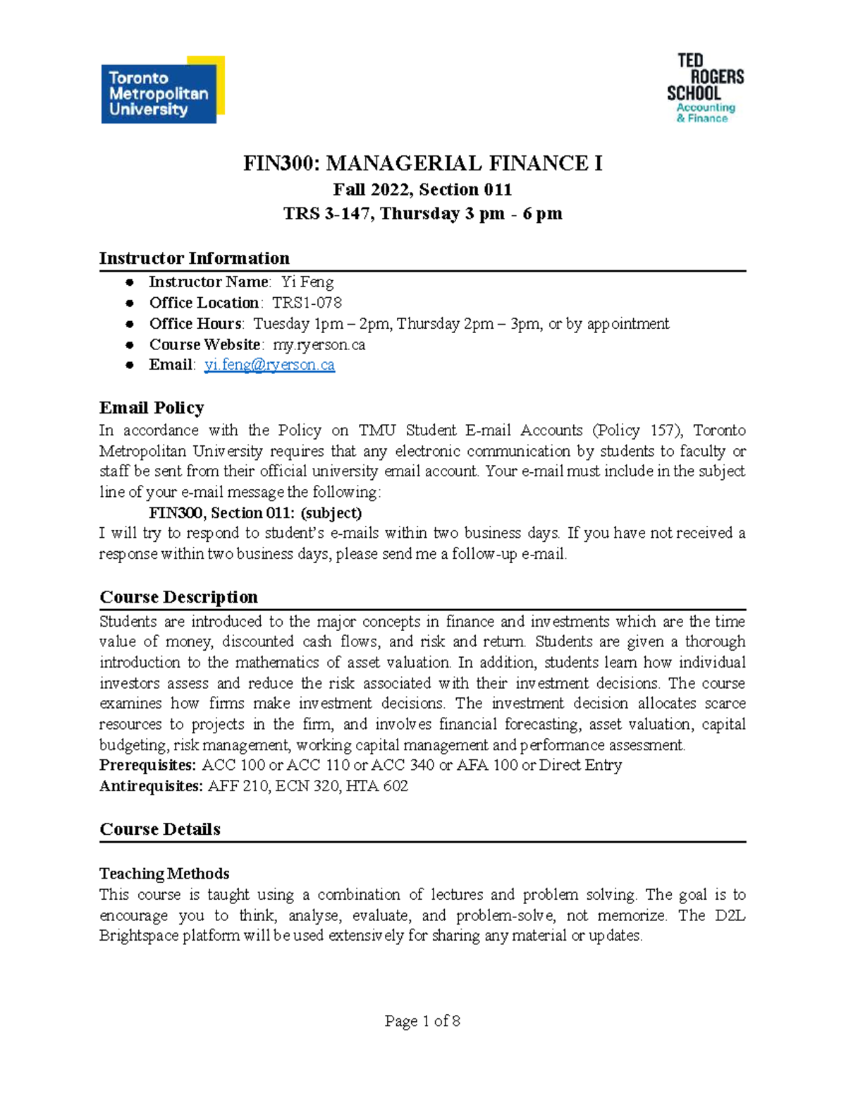 FIN300: Managerial Finance I Course Outline - Fall 2022, Section 011 - Studocu