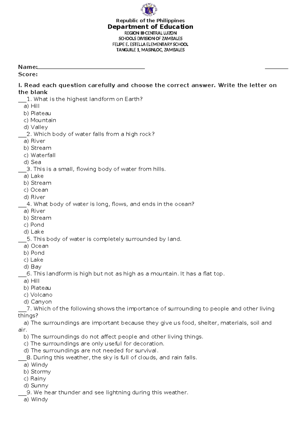 Final Exam - Science Quiz on Landforms & Weather (Grade 1) - Studocu