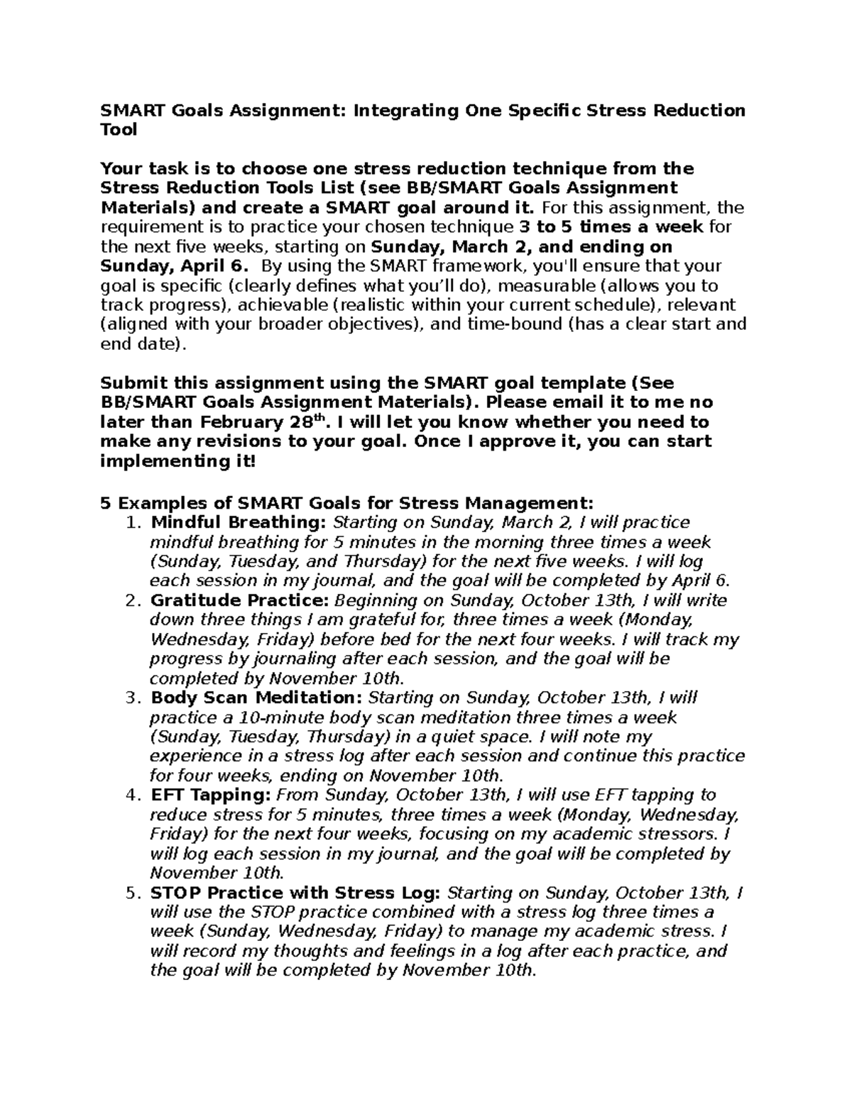 SMART Goals Assignment: Stress Reduction Techniques Plan - Studocu