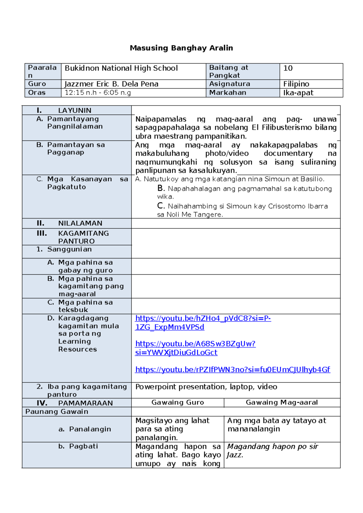 Lesson Plan for El Filibusterismo (Fil 10, Baitang 10) - Studocu