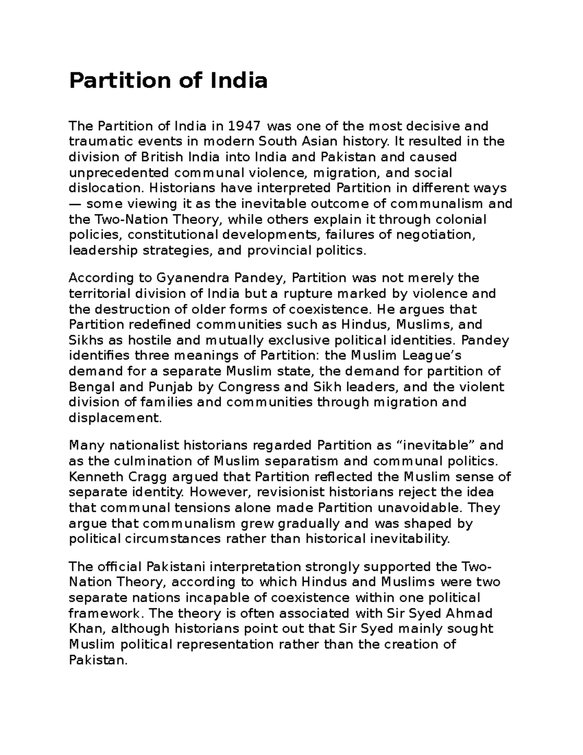 Partition of India: Historical Perspectives and Impacts (HIST 101 ...