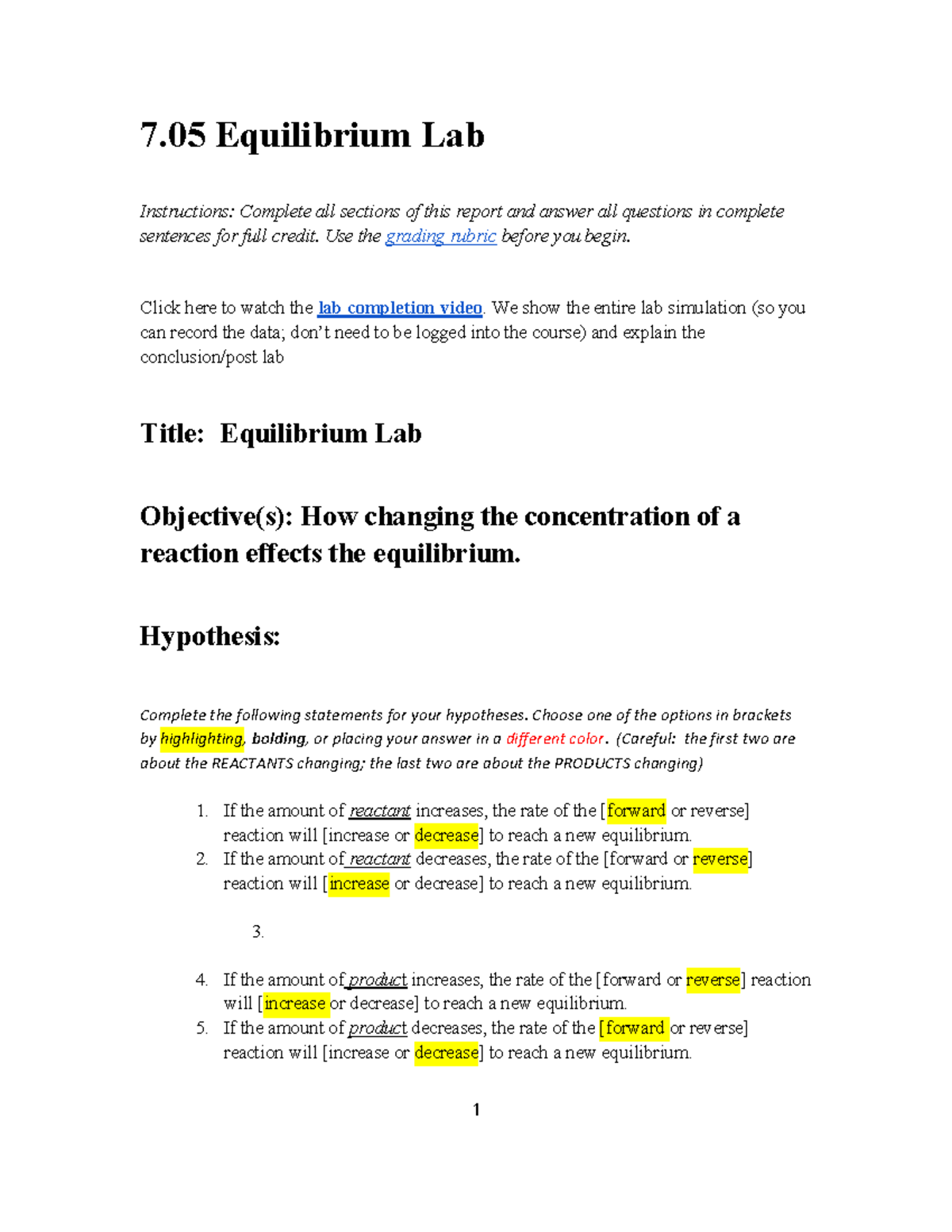 7.05 Equilibrium Lab: Analyzing Reaction Concentration Effects - Studocu