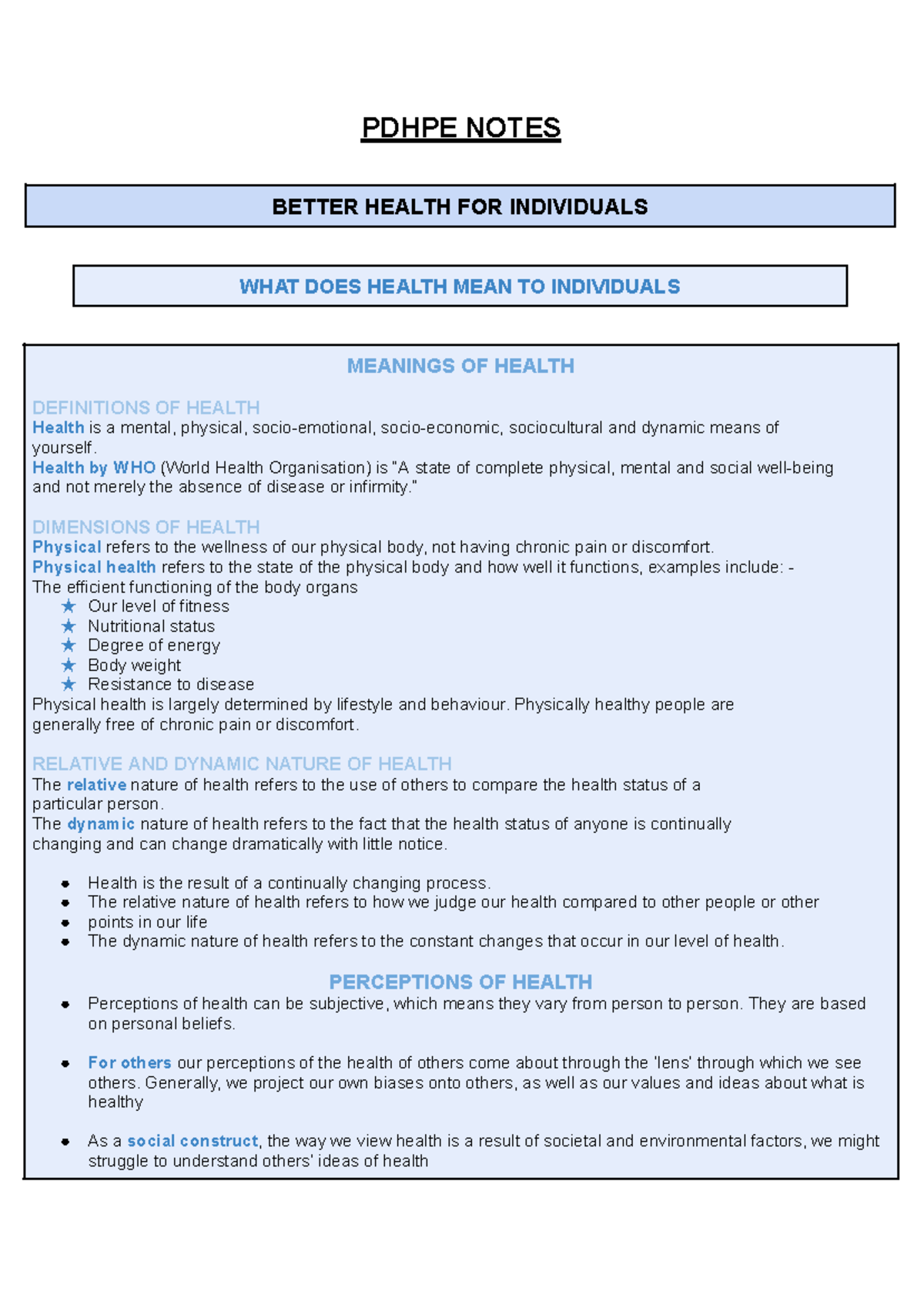 Pdhpe Preliminary Study Notes - PDHPE NOTES BETTER HEALTH FOR ...