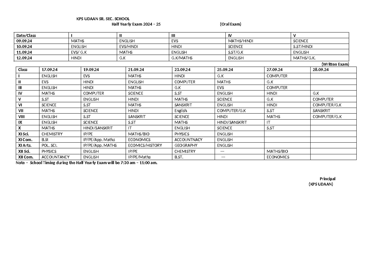 Half Yearly Exam Datesheet - KPS UDAAN SR. SEC. SCHOOL Half Yearly Exam ...