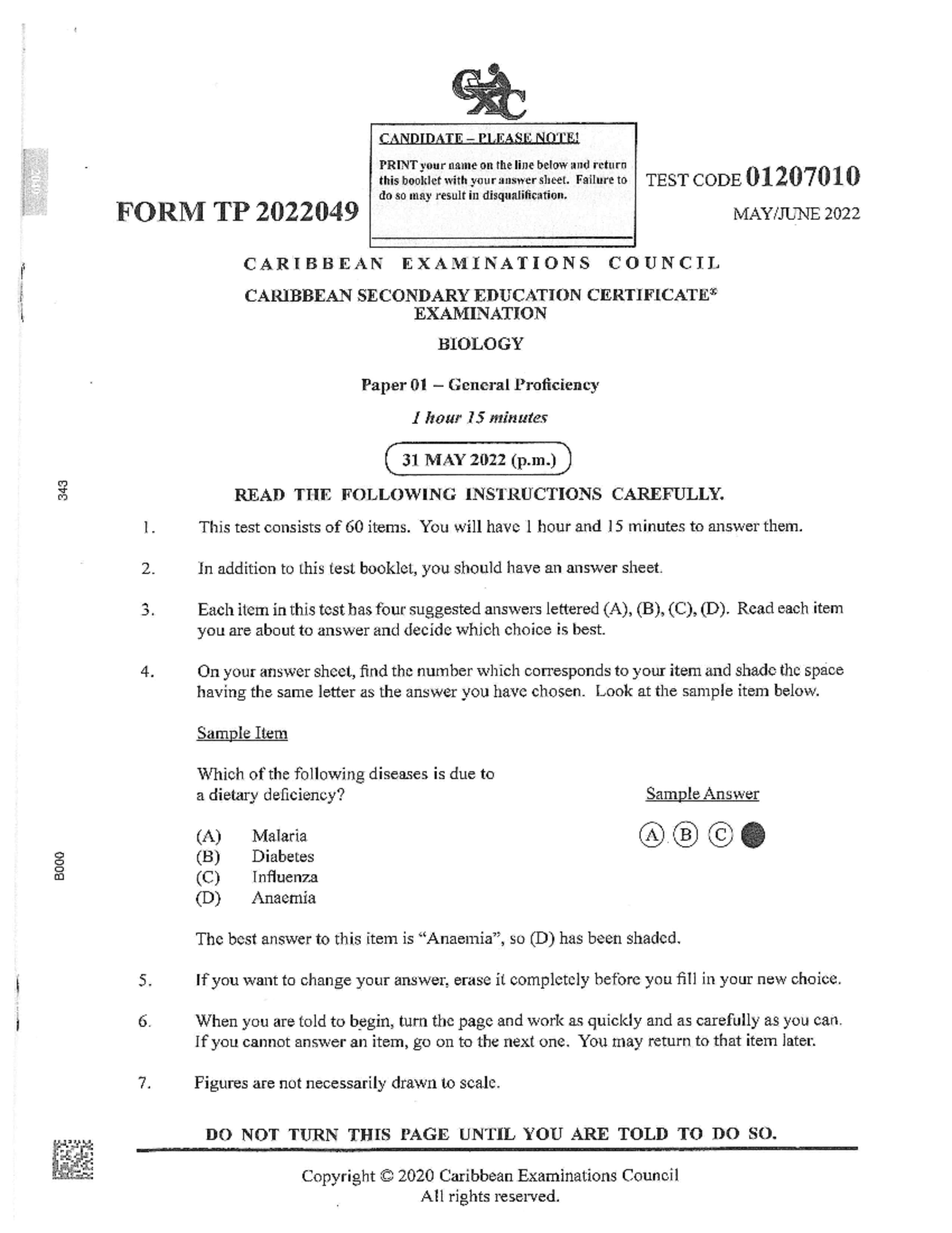 CSEC Biology 2022 Paper 1 Study Guide - Studocu