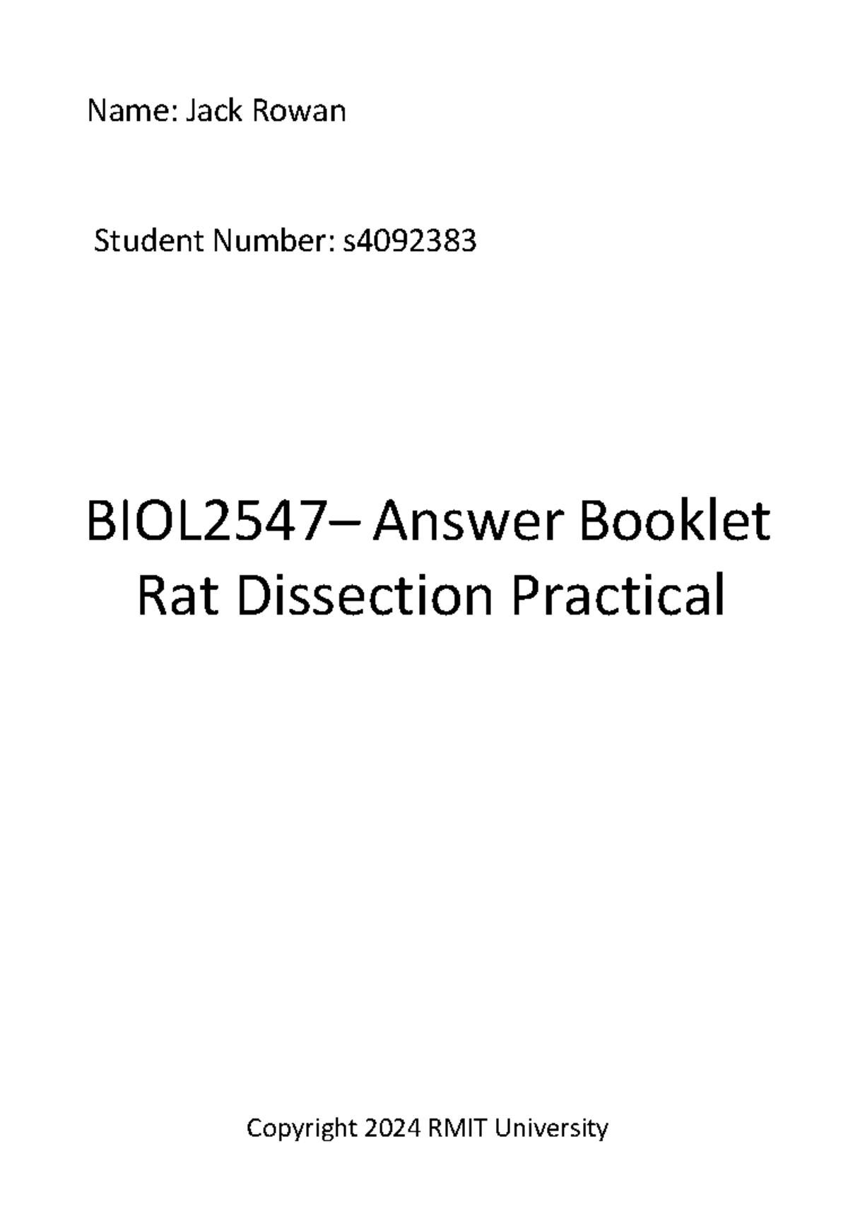 BIOL2547 Practical 6: Rat Dissection Answer Booklet - Studocu