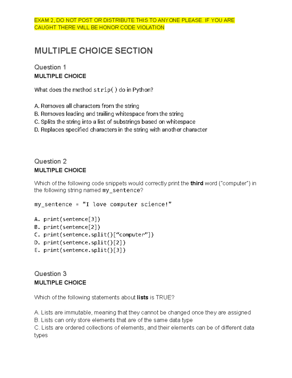EXAM 2 Review: Python Concepts & Multiple Choice Questions - Studocu