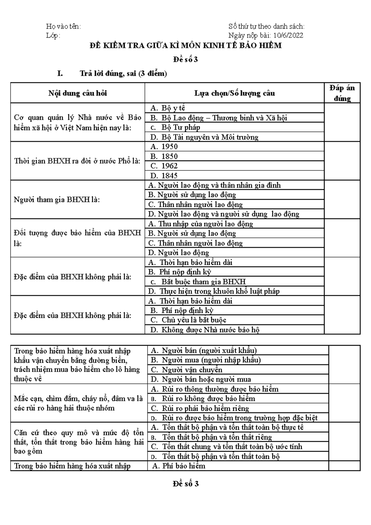 ĐỀ KTBH - đề giữa kì kinh tế bảo hiểm đh kinh tế quốc dân 2021 - Lớp ...
