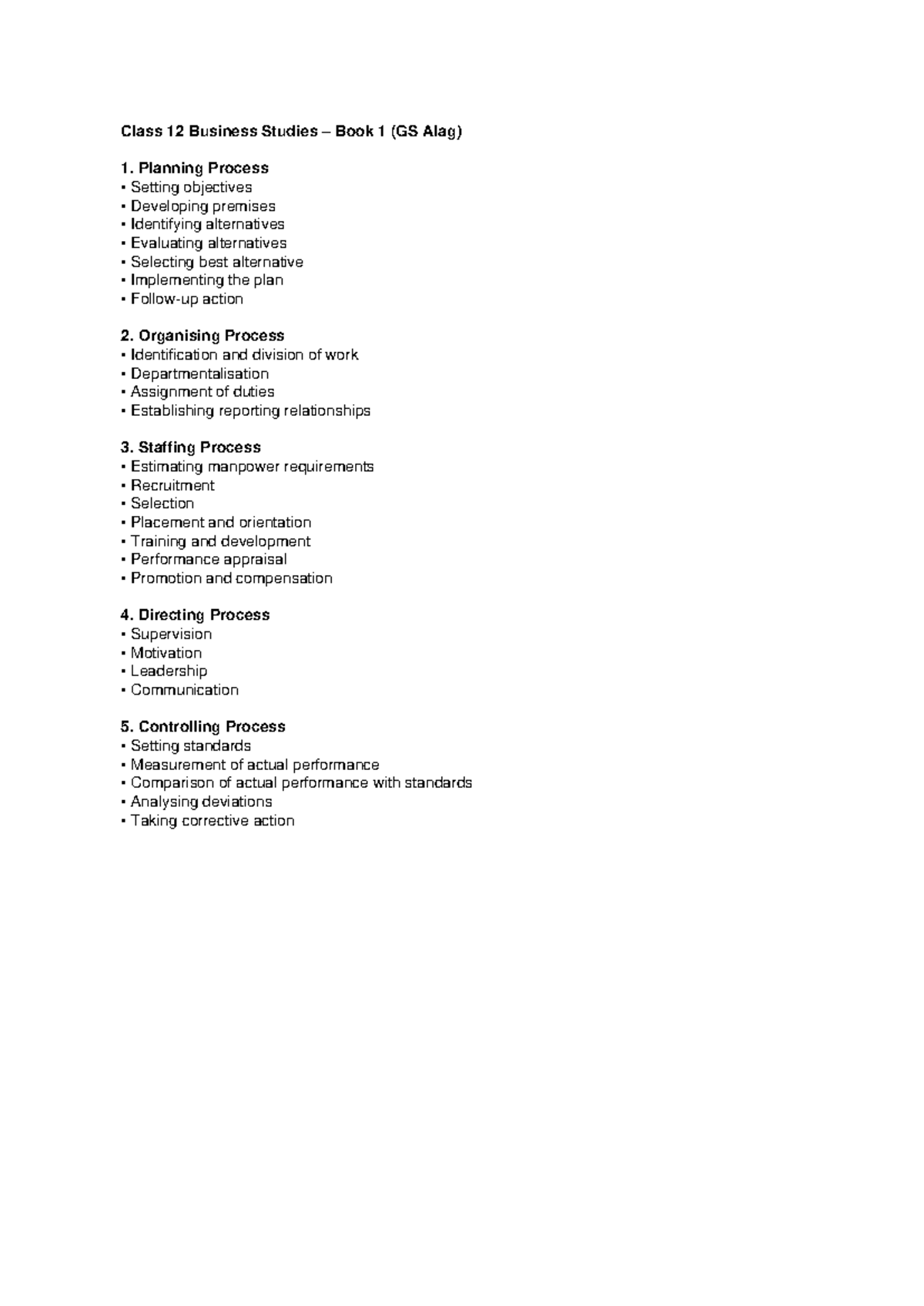 Class 12 BST Book 1 All Processes GS Alag Summary - Class 12 Business ...