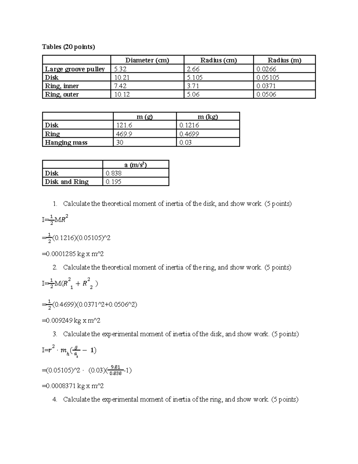 Momentum Lab - Physics (PHYS 101) - Moment of Inertia Calculations - Studocu