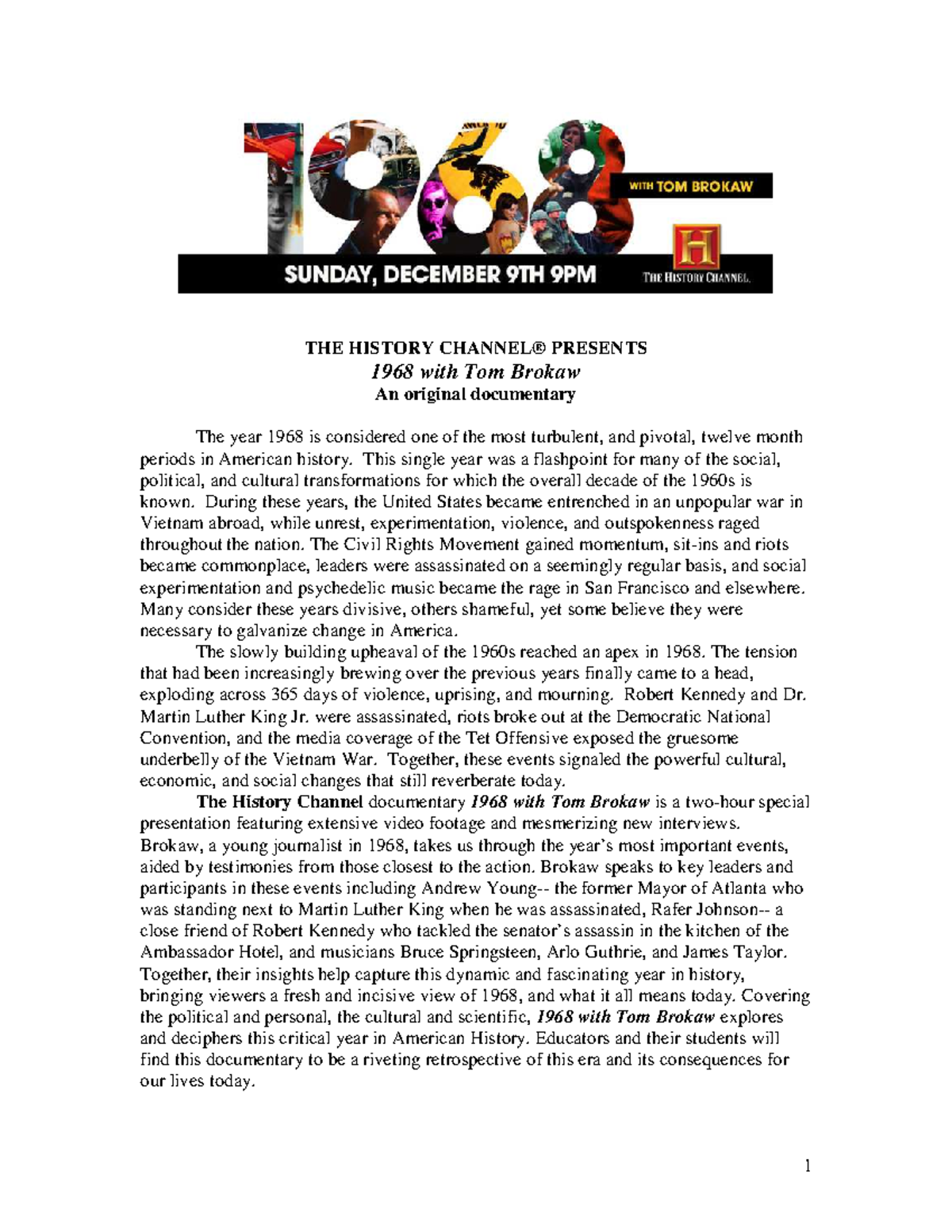 1968guide - THE HISTORY CHANNEL® PRESENTS 1968 with Tom Brokaw An ...