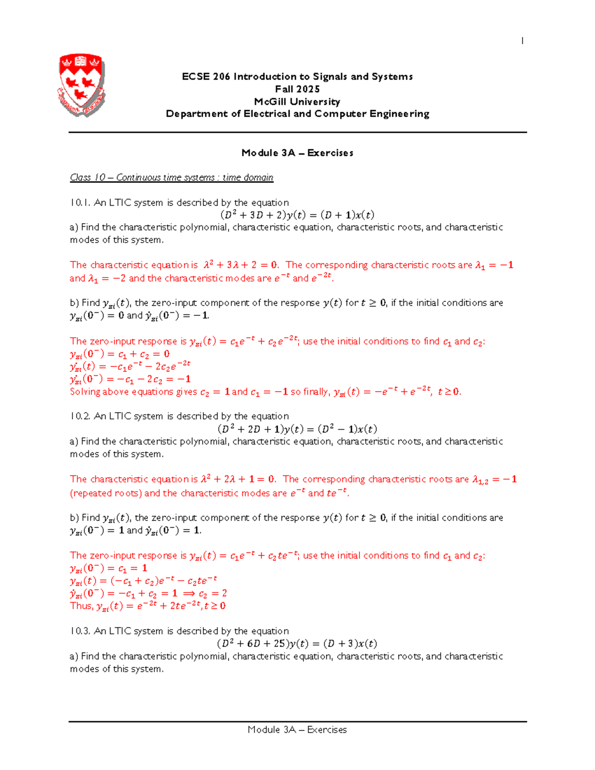 ECSE 206 Fall 2025 Module 3A Exercises on Continuous Time Systems - Studocu