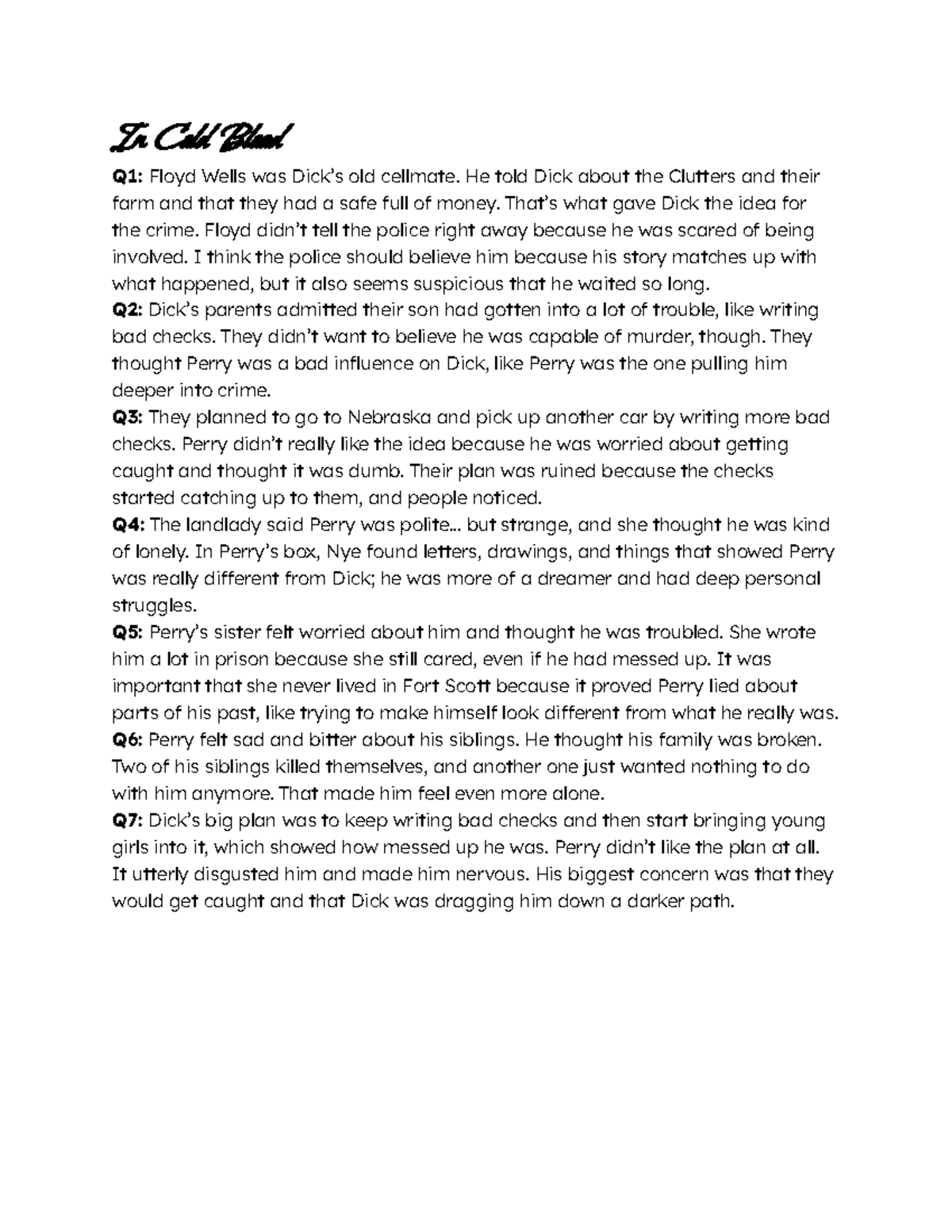 In Cold Blood Analysis: Key Insights from Pages 157-198 - Studocu