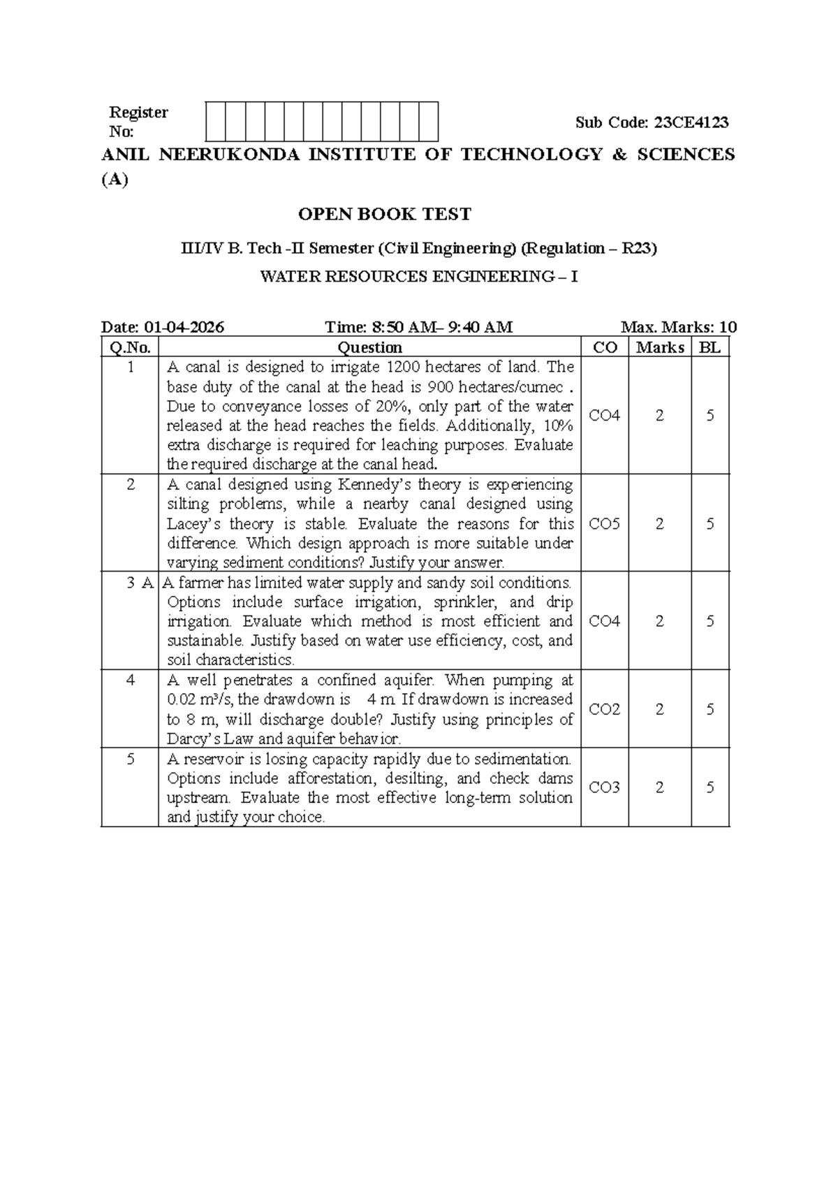 Water Resources Engineering - Open Book Test 23CE4123 - Studocu