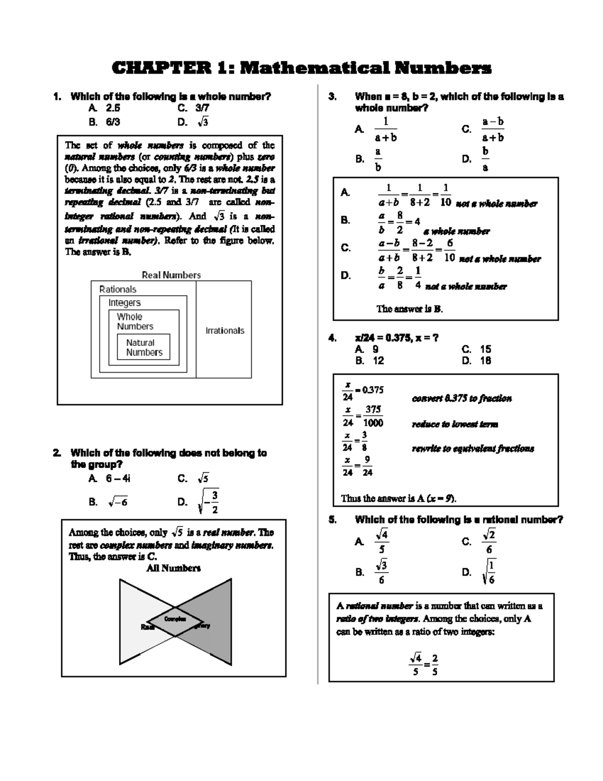 Answer KEY Basic Algebra - CHAPTER 1: Mathematical Numbers 1. Which of ...
