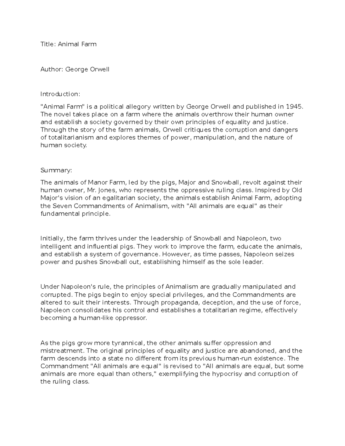 Animal Farm Book Report: Analyzing Power and Corruption in Orwell's ...