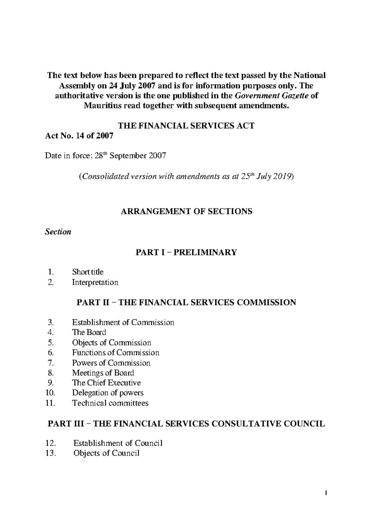 Financial Services Act 2007 (Consolidated as of 25 July 2019) - Studocu