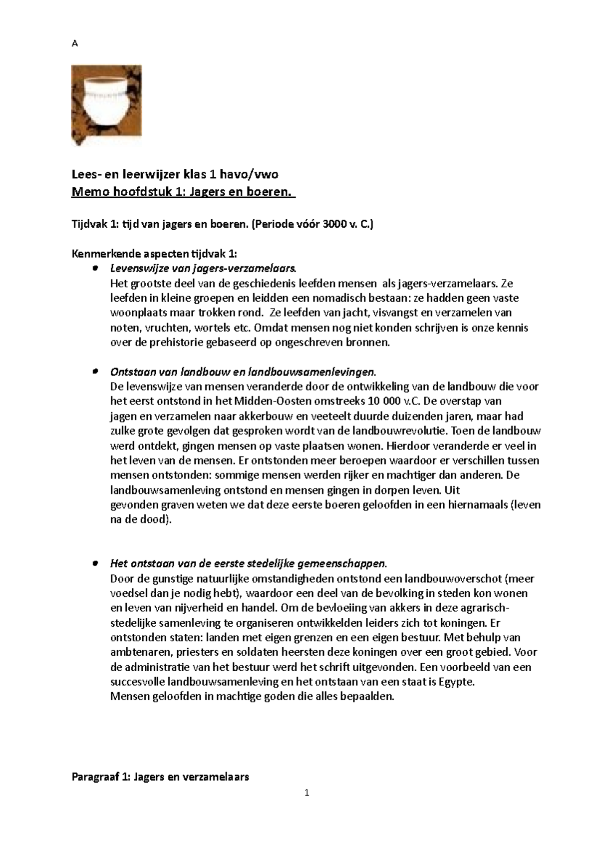 H1 Jagers en Boeren: Lees- en Leerwijzer Klas 1 Havo/Vwo - Studeersnel