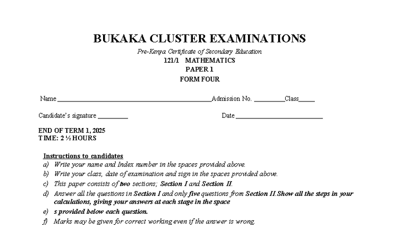 Math PP1 - BUKAKA CLUSTER EXAMINATION ESSAY NOTES - Studocu