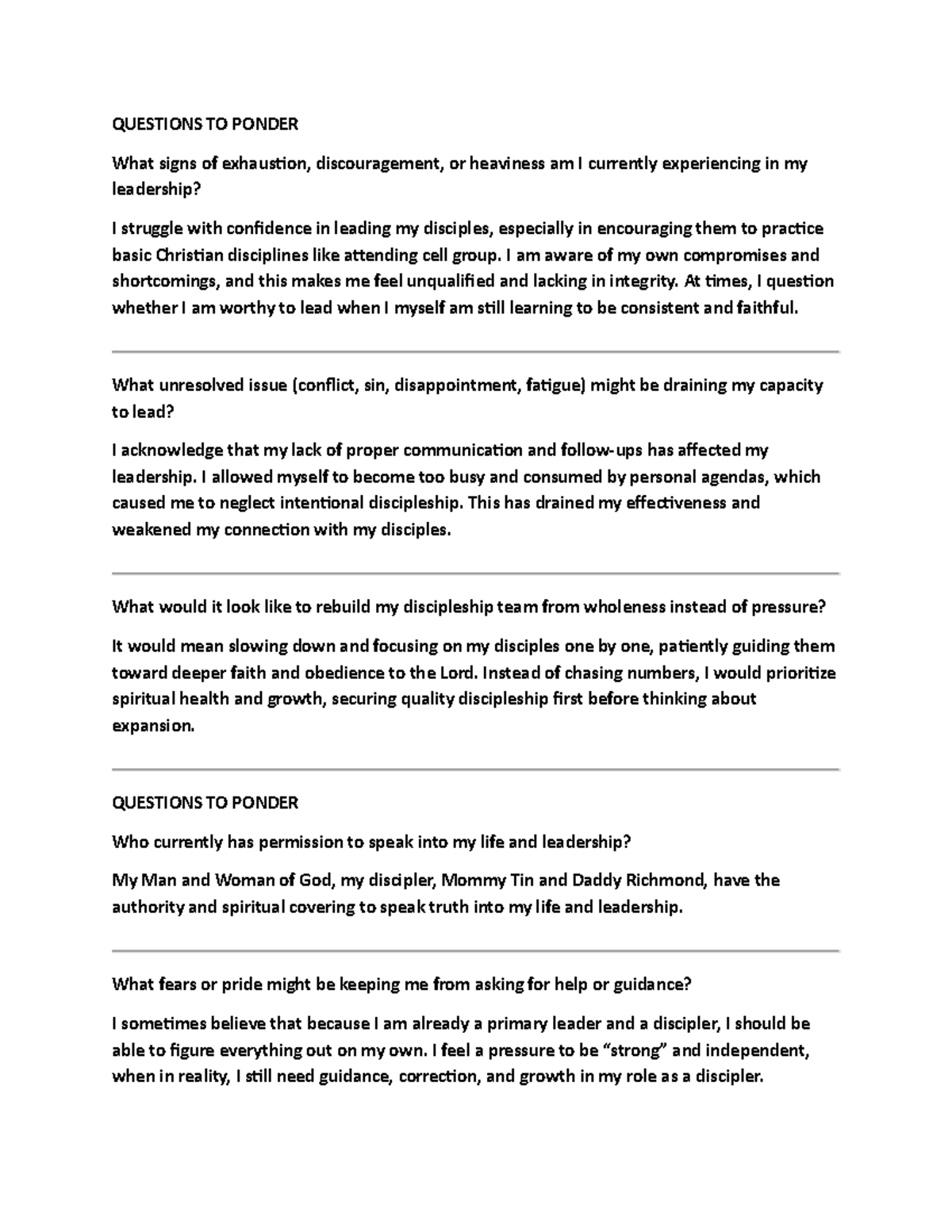 Discipleship Leadership Reflection: Questions to Ponder - Studocu