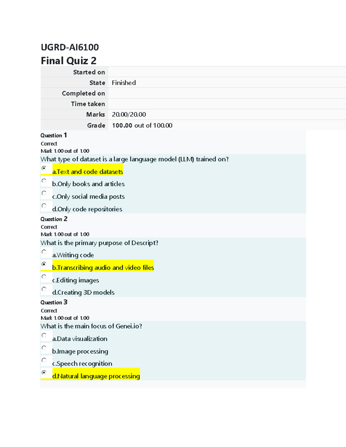 AI Engineering UGRD Final Quiz - Key Questions and Answers - Studocu