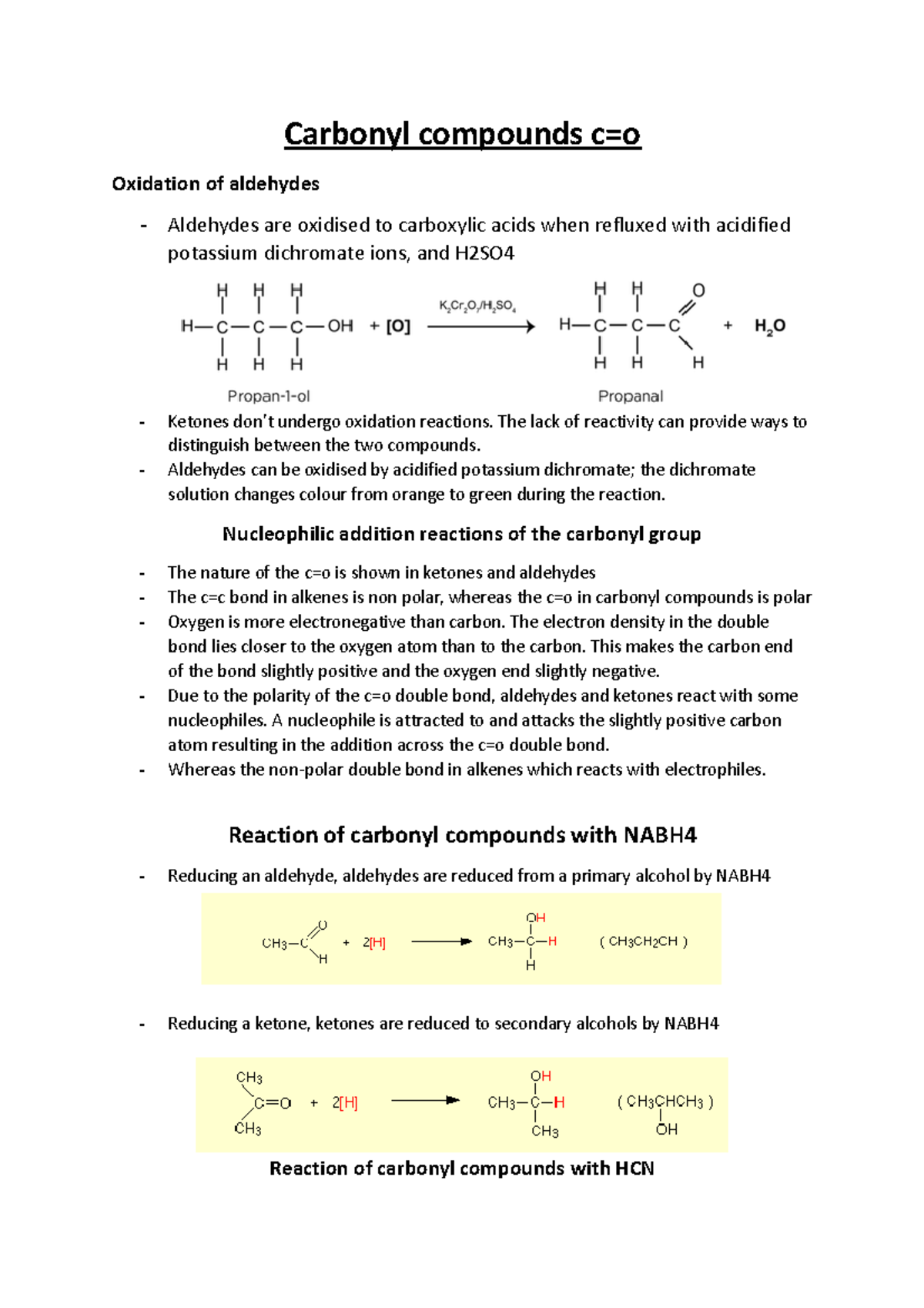 Carbonyl Compounds (C=O) - Quick Revision Notes for Chemistry 101 - Studocu