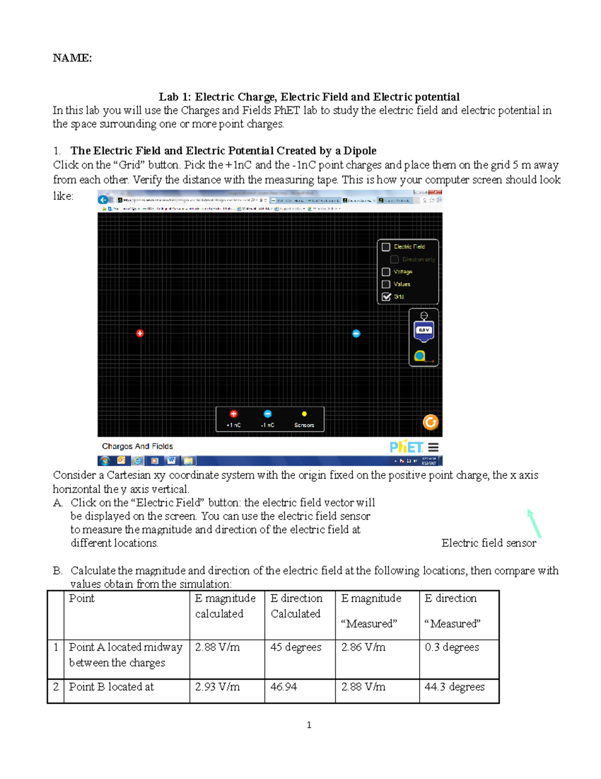 Lab 1 Worksheet - Physics: Electric Charges & Fields Study - Studocu
