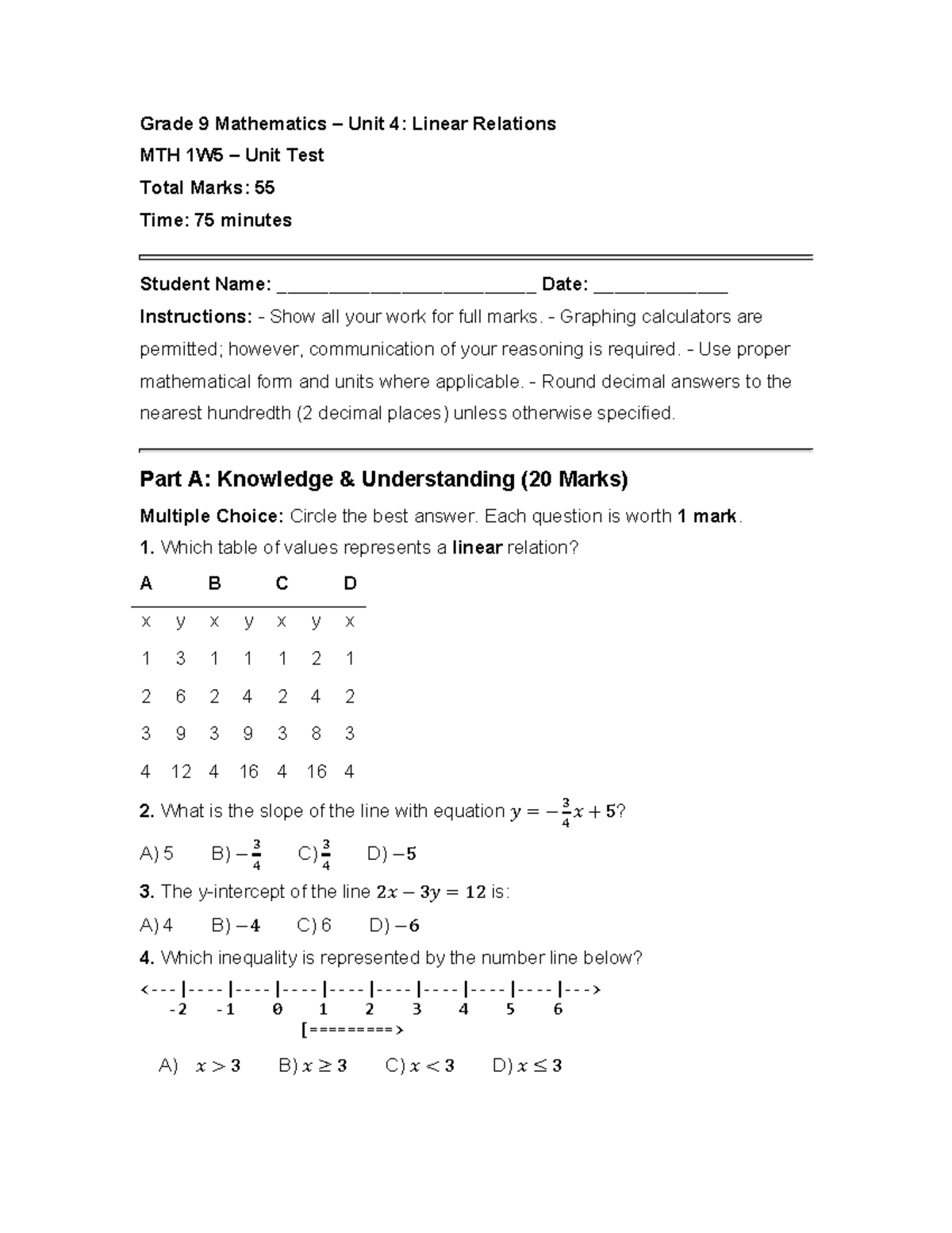Grade 9 MTH 1W5 Unit Test: Linear Relations Overview - Studocu