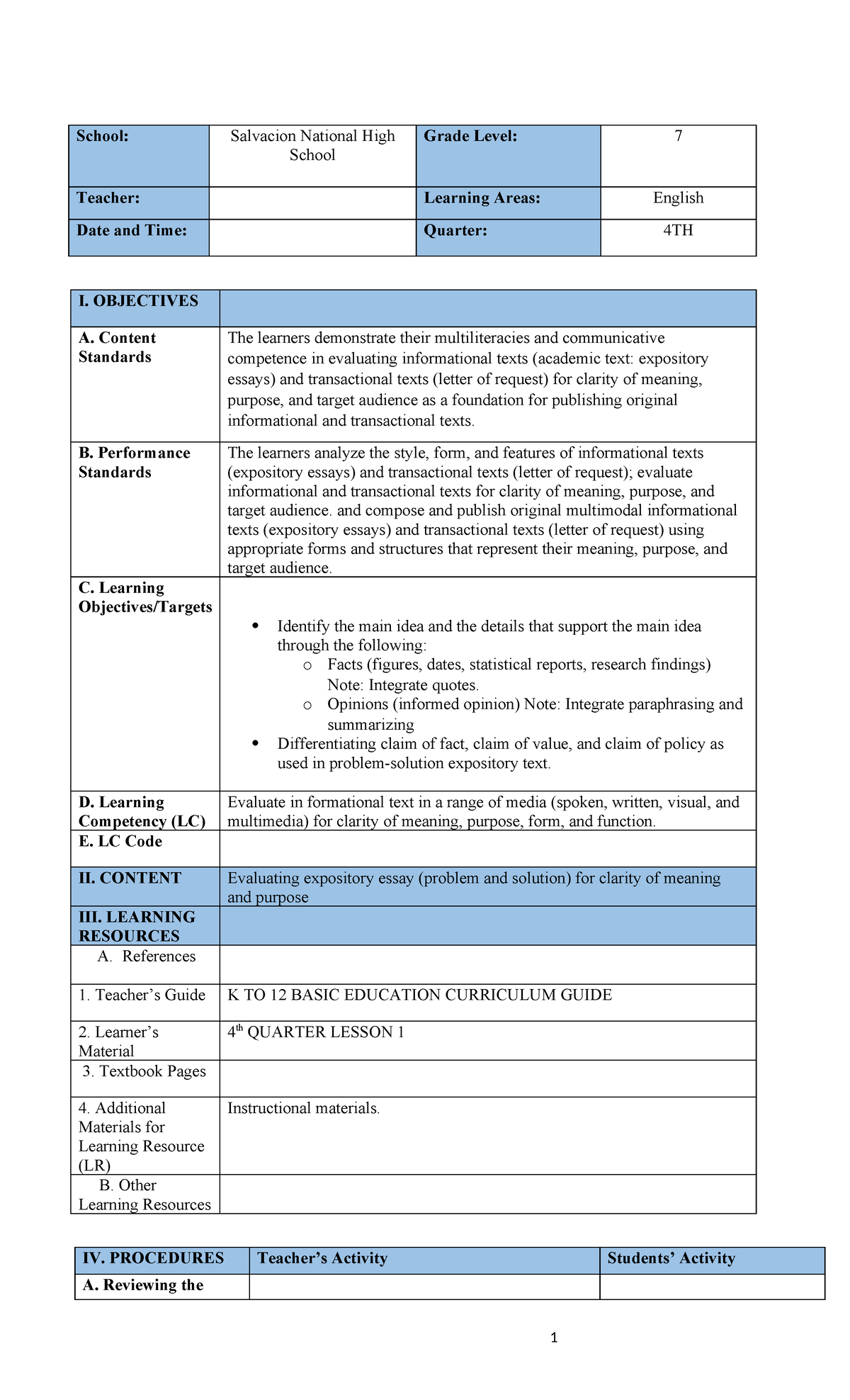 Kc 7th Grade English Lesson Plan: Evaluating Informational Texts - Studocu