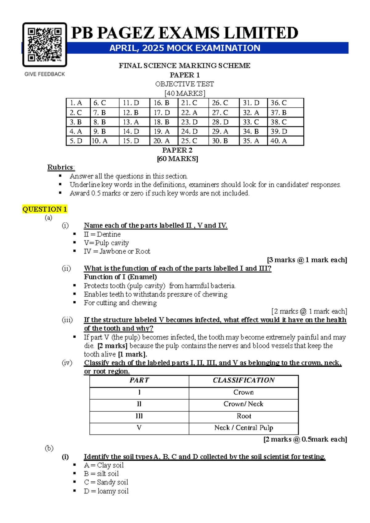 APR25 Science Mock Exam 1 Marking Scheme & Short Answer Guide - Studocu