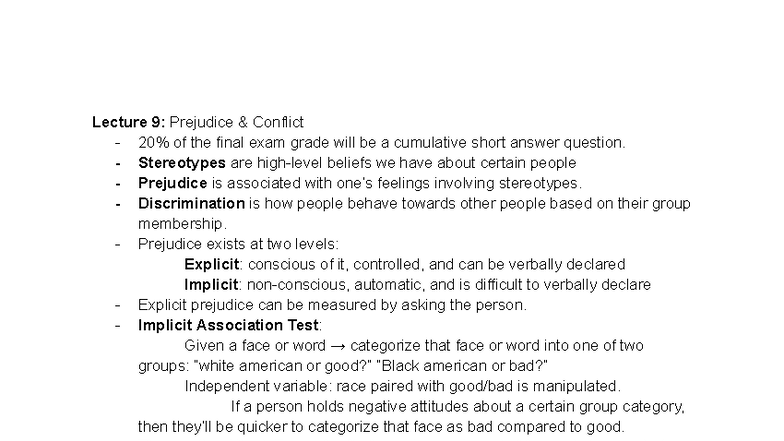 PSYB10 Lecture 9: Understanding Prejudice and Discrimination - Studocu