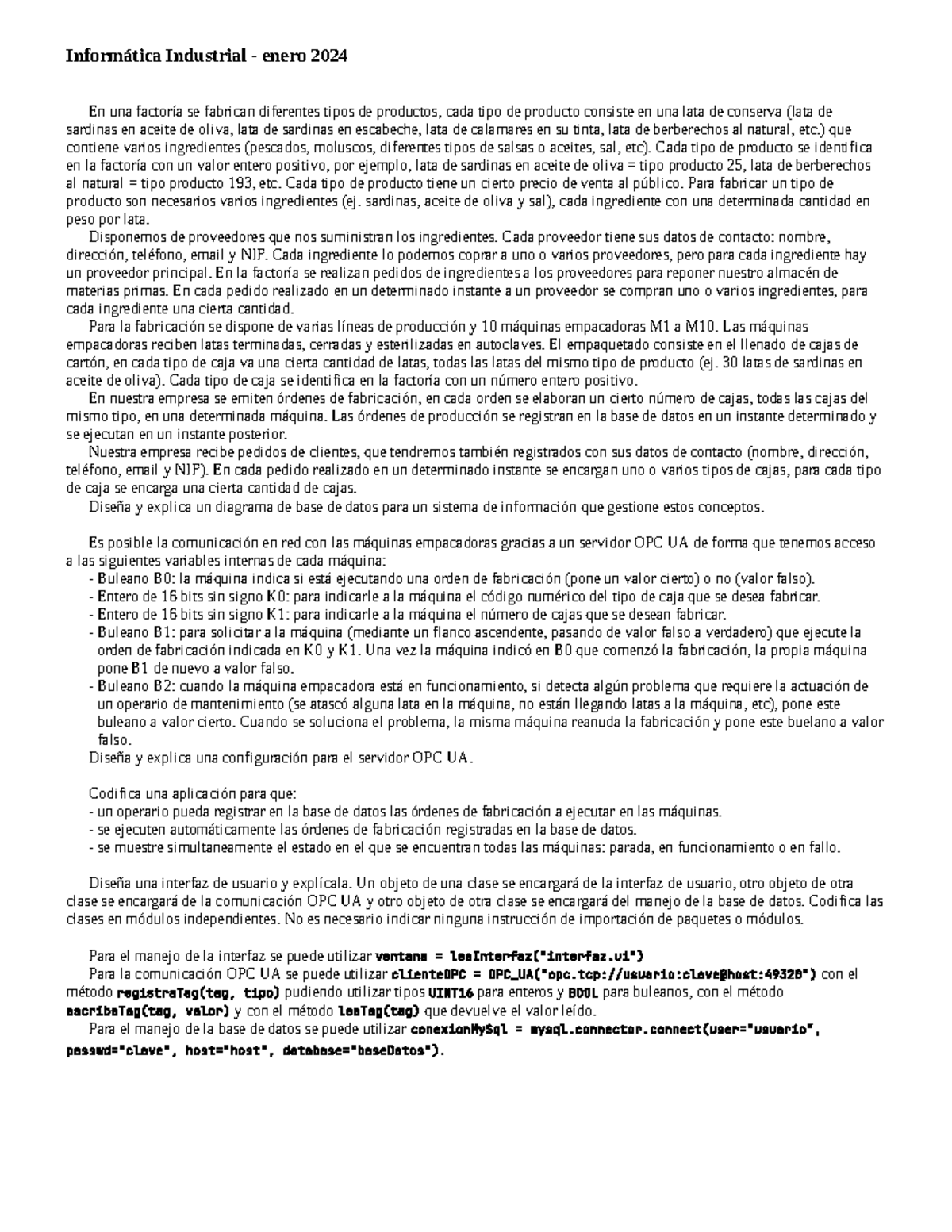 II Examen de Informática Industrial - Enero 2024: Sistema de ...