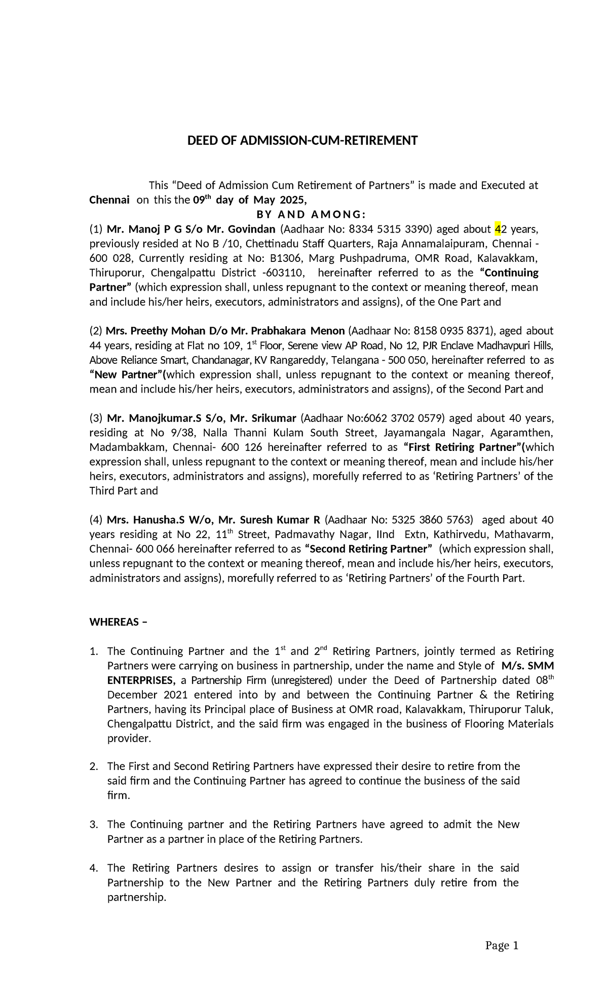 Deed of Admission & Retirement - SMM ENTERPRISES Partnership - Studocu