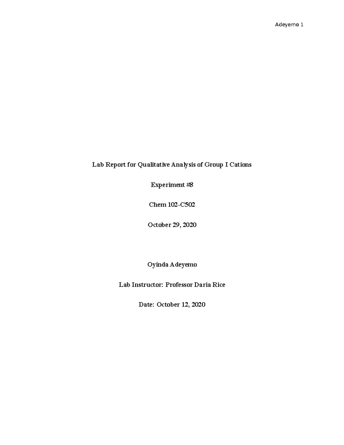 Chem 102-C Lab Report: Qualitative Analysis of Group I Cations - Studocu
