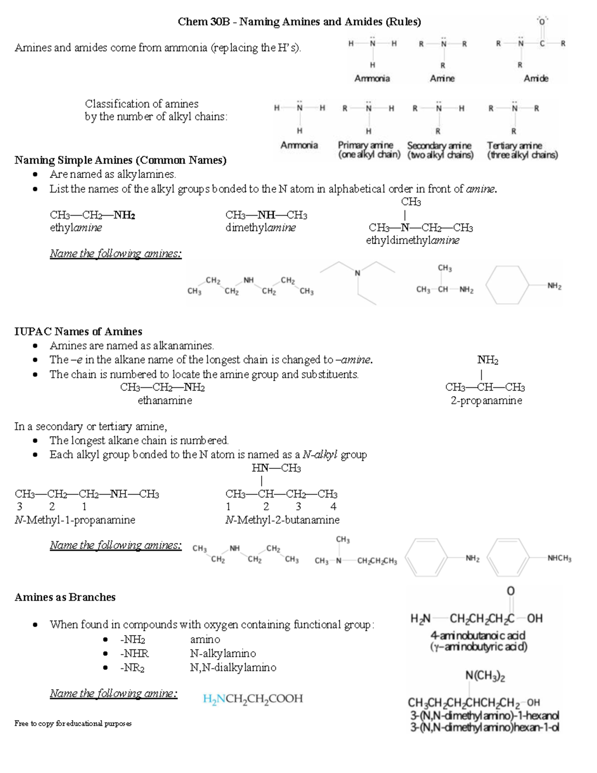 Chem 30B Final Exam: Naming Amines and Amides Rules - Studocu