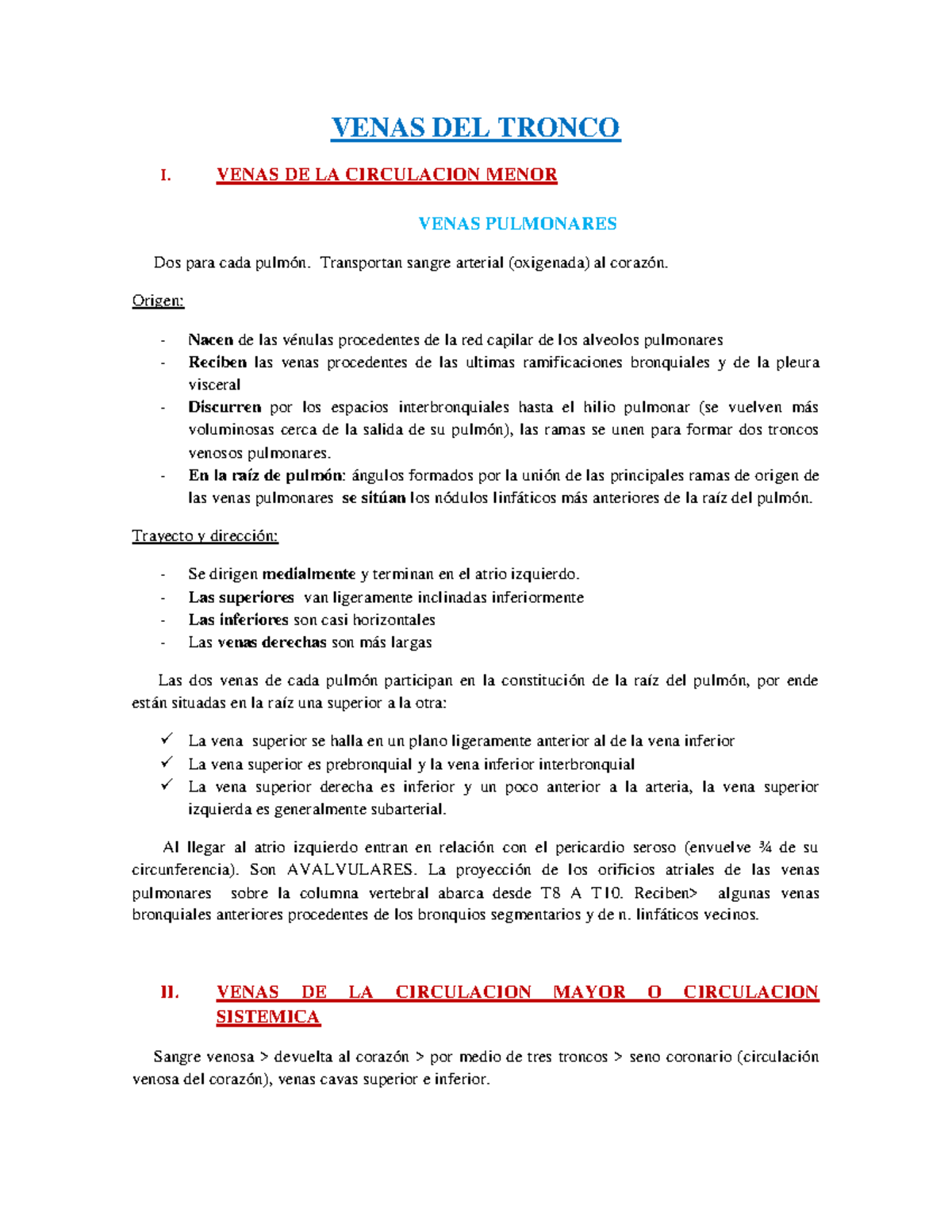 VENAS DEL TRONCO I: CIRCULACIÓN MENOR Y MAYOR - Studocu