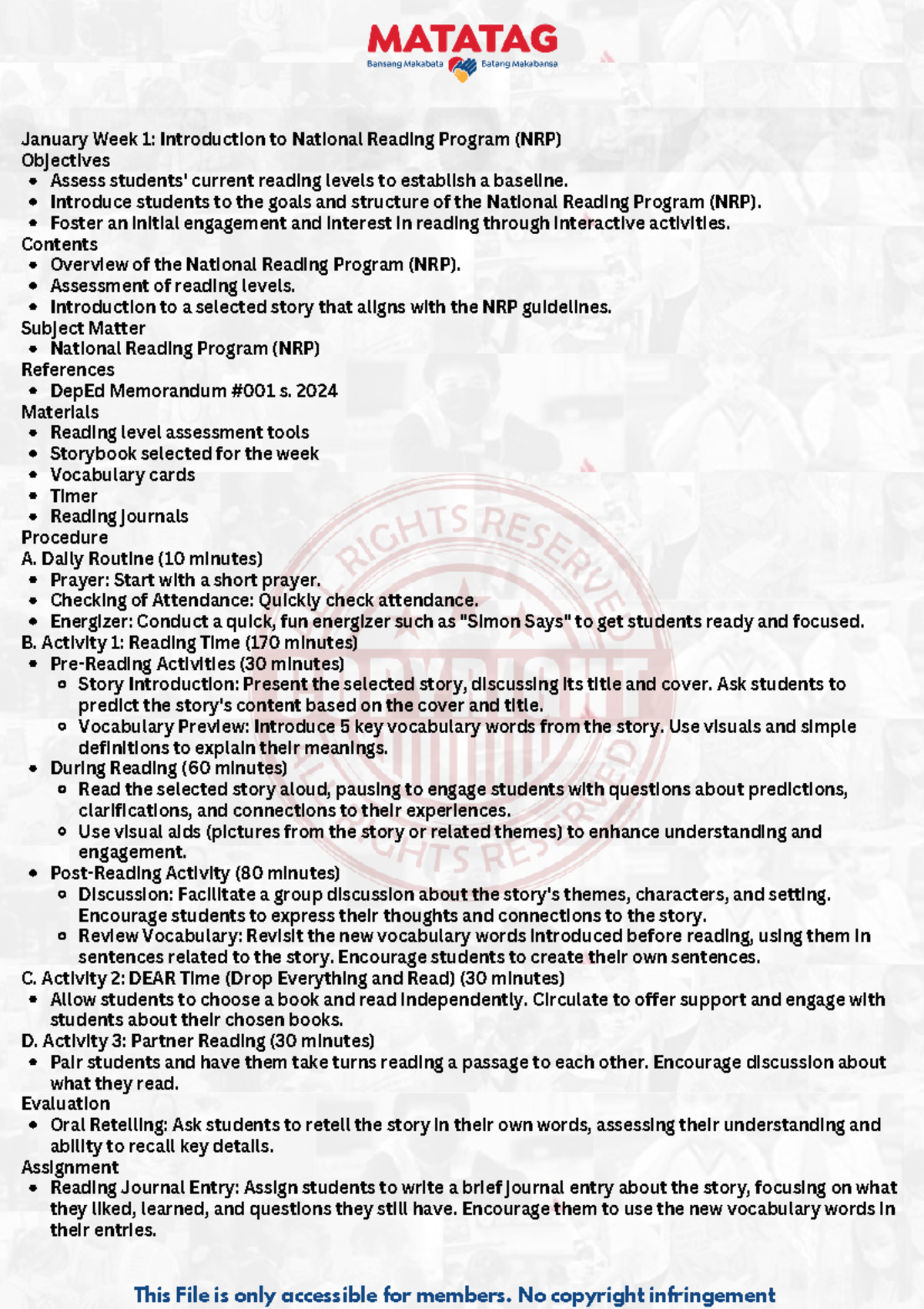 National Reading Program (NRP) Week 1-4 Lesson Plans - Studocu