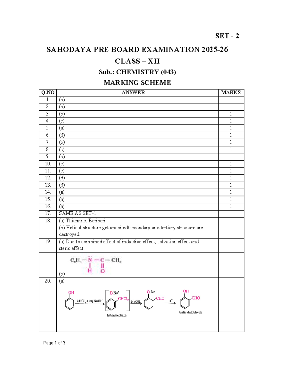 SET 2 SAHODAYA PRE BOARD EXAM 2025 CLASS XII CHEMISTRY (043) MARKING ...