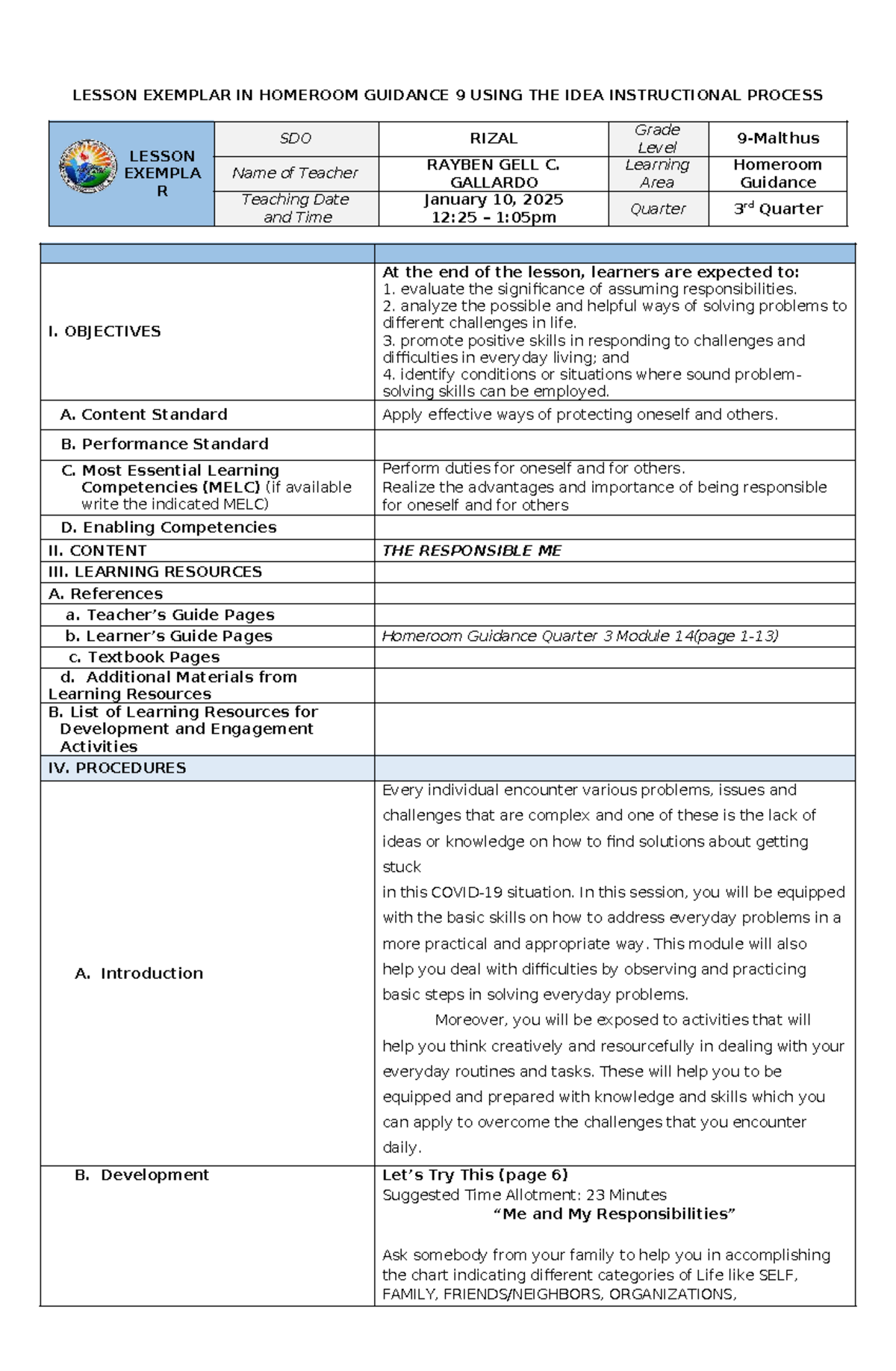 Lesson Exemplar in Homeroom Guidance 9: Problem-Solving Skills - Studocu