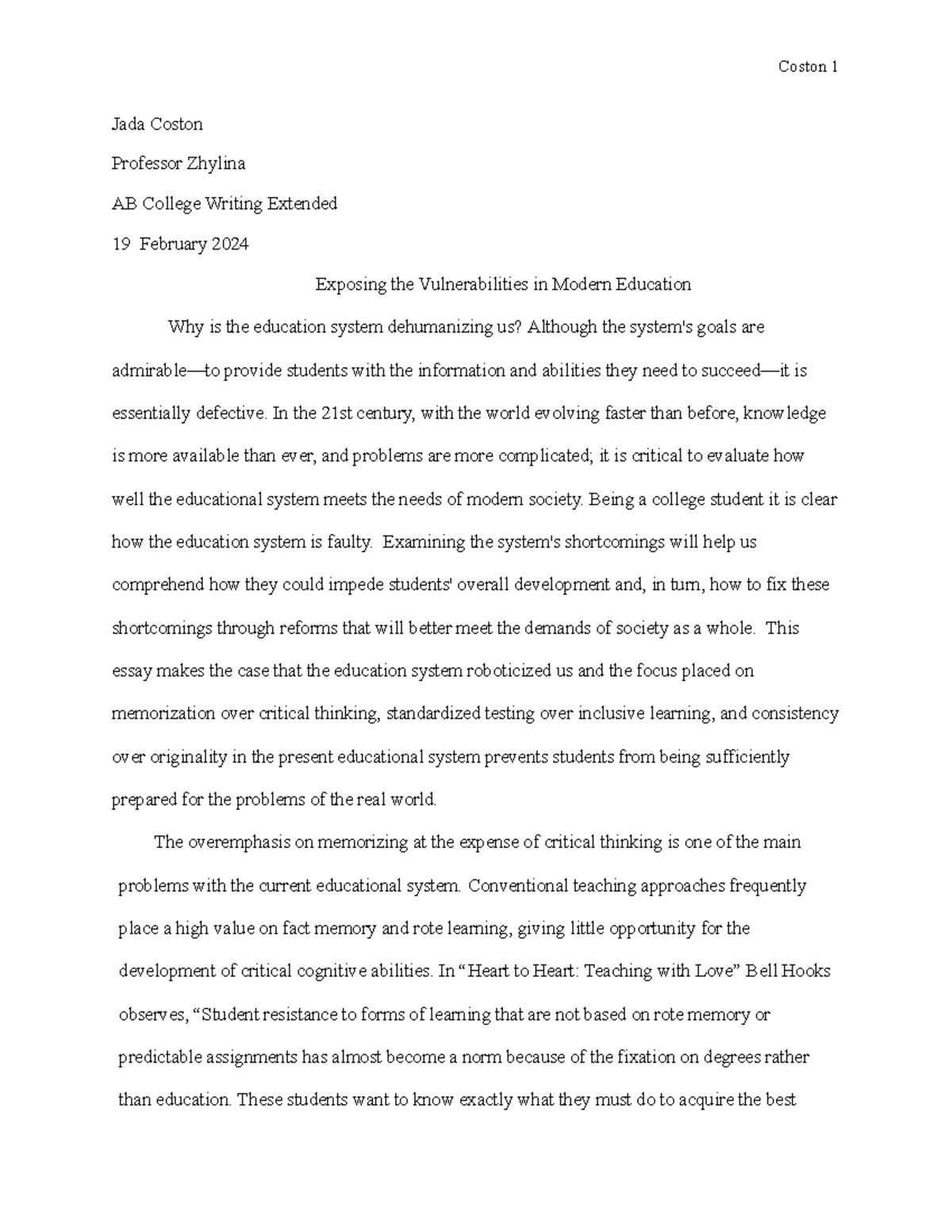 AB College Writing Extended Project 2: Analyzing Educational Failures ...