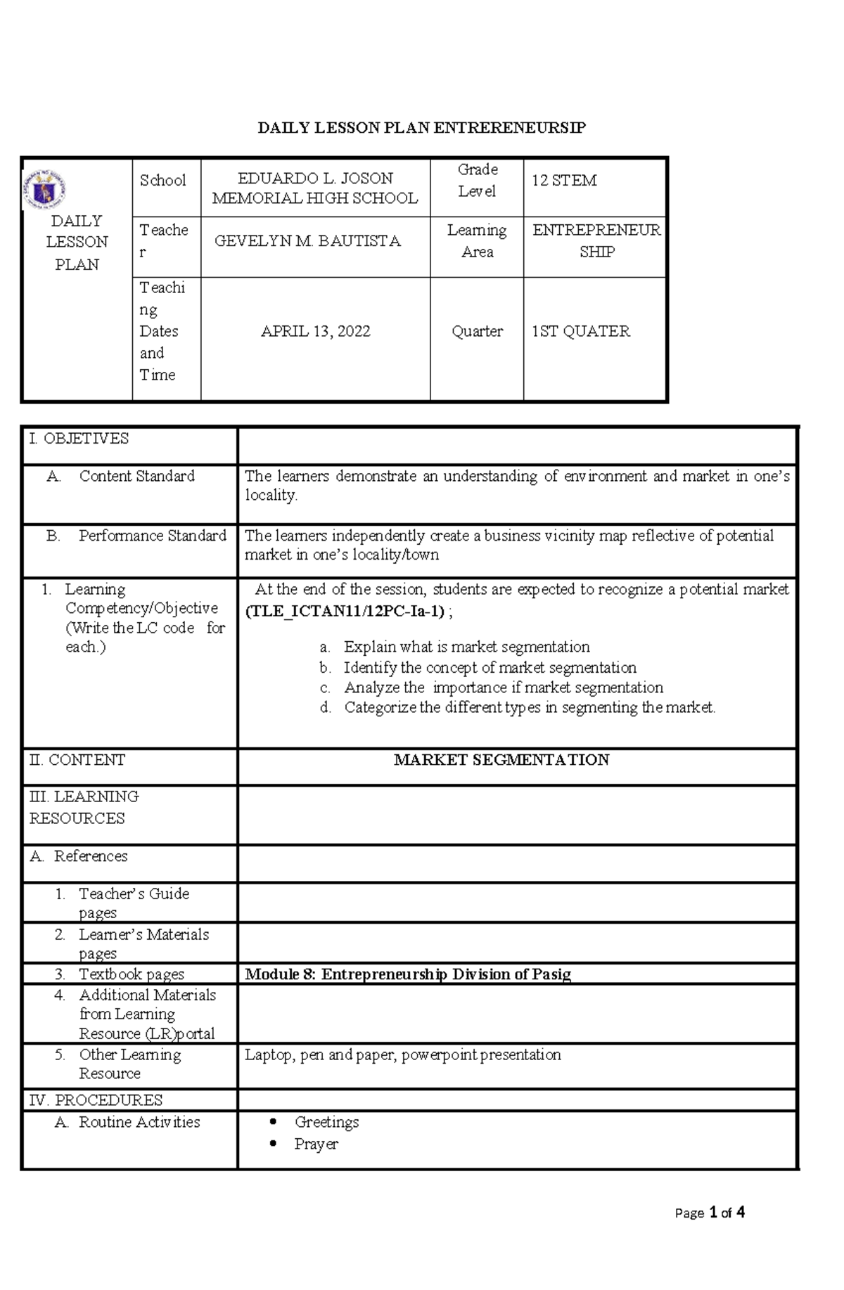 DLP-Entrepreneurship Lesson Plan for Grade 12 on Market Segmentation ...