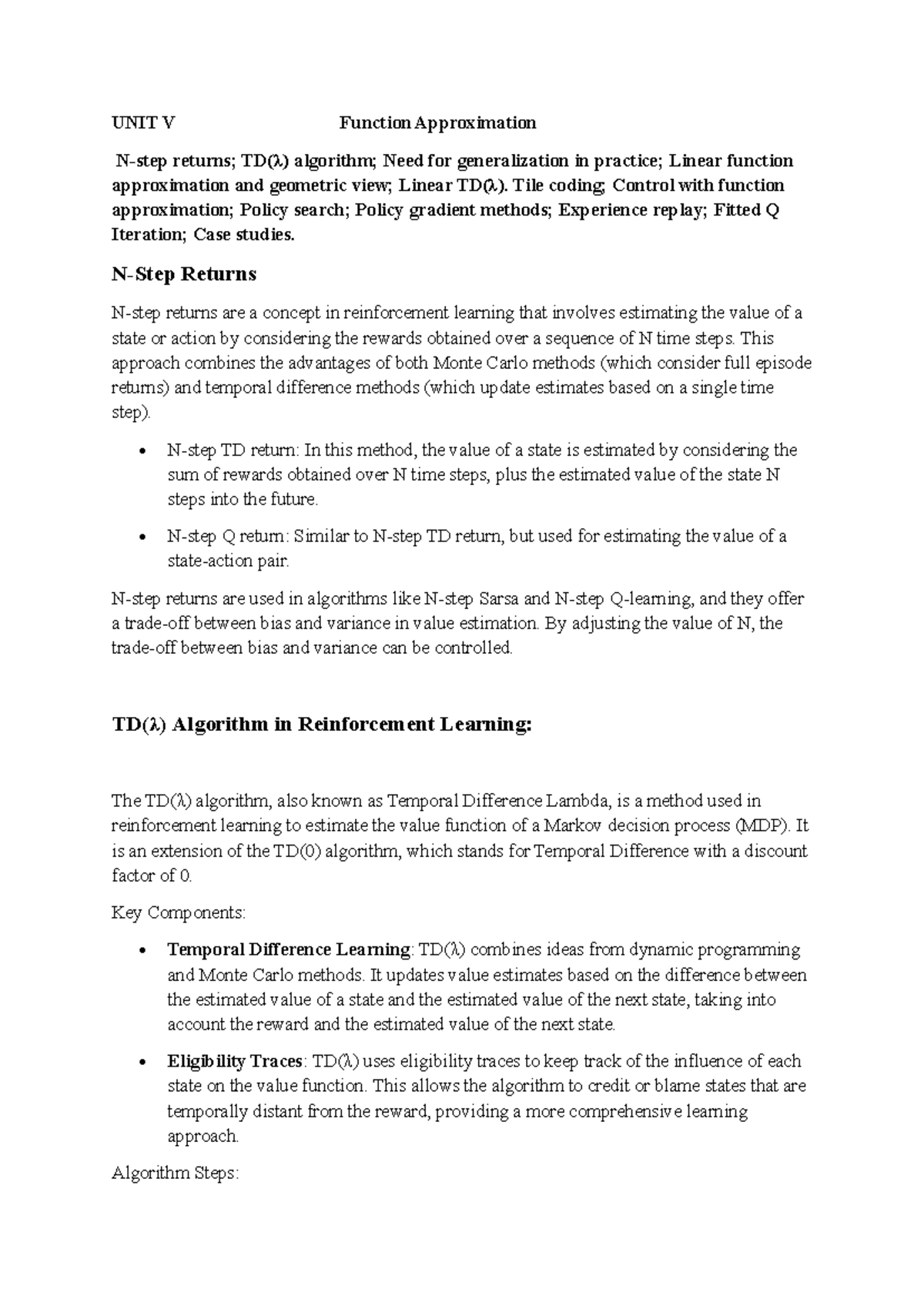 UNIT 5 - Function Approximation and TD(λ) in Reinforcement Learning - Studocu