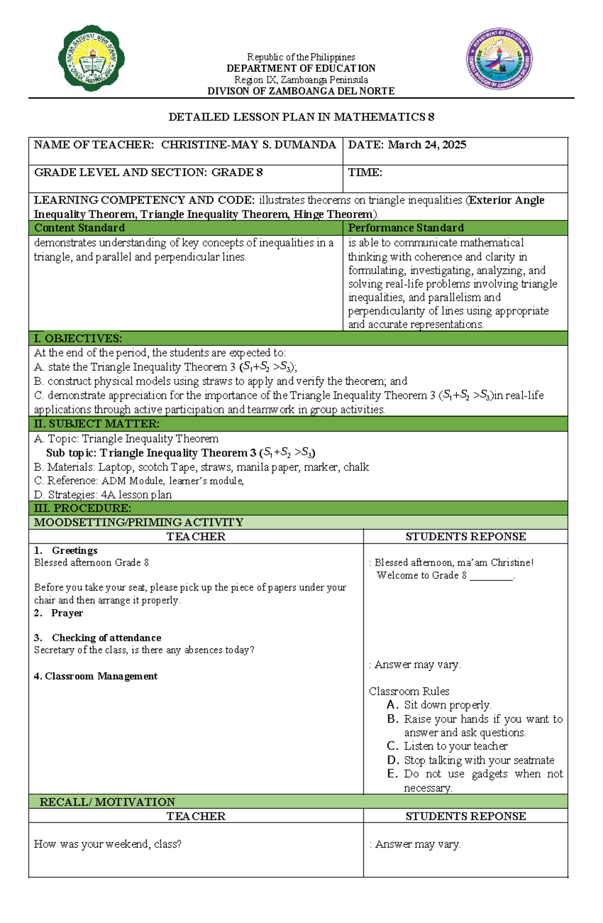 Detailed Lesson Plan in Mathematics 8: Triangle Inequality Theorem ...