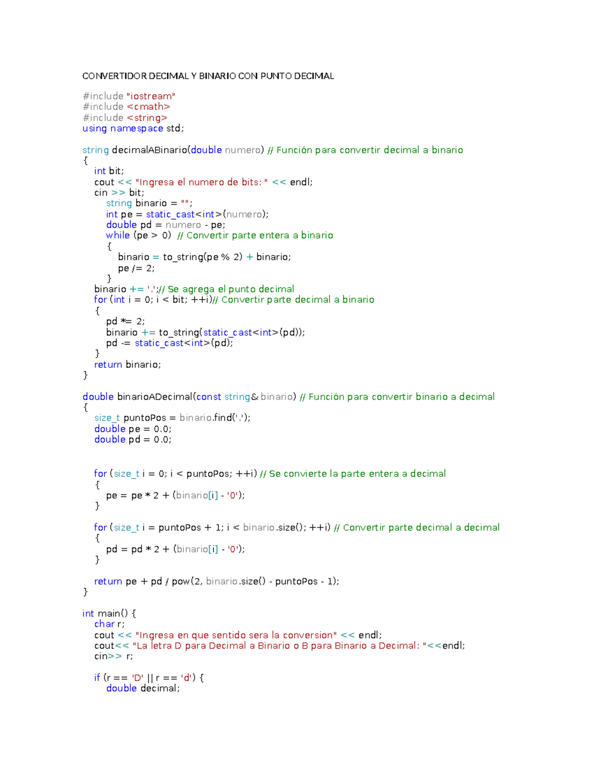 Ejercicio 1 - binario - CONVERTIDOR DECIMAL Y BINARIO CON PUNTO DECIMAL #include - Studocu