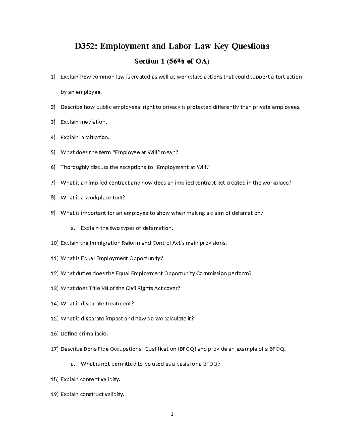 D352 Employment and Labor Law: Key Questions for Review - Studocu