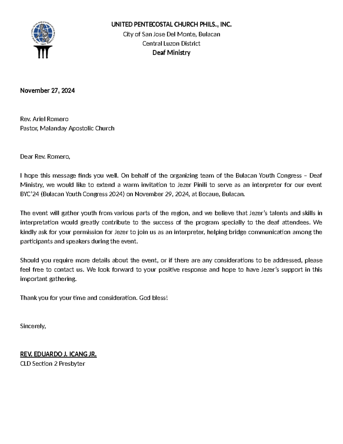Invitation Letter - BYC24 - UNITED PENTECOSTAL CHURCH PHILS., INC. City ...