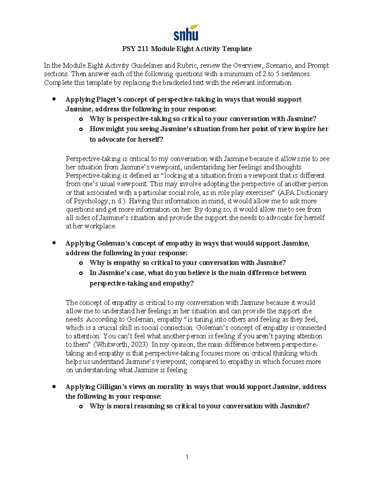 PSY 211 Module Eight Activity Template - Then answer each of the ...