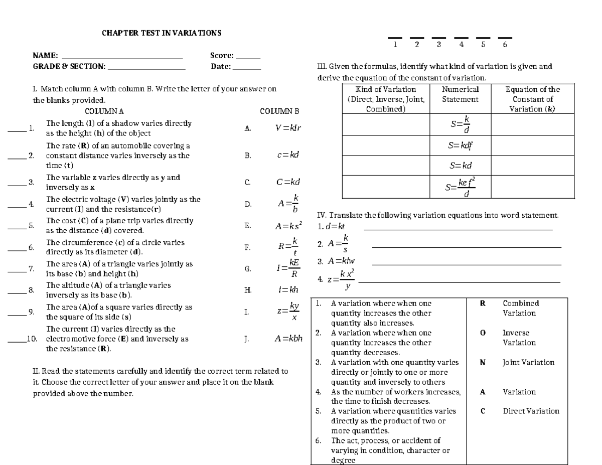CHAPTER TEST IN VARIATIONS: MATCHING & IDENTIFICATION - Studocu